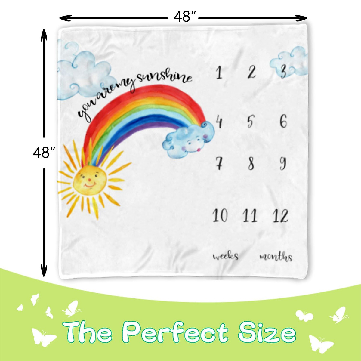 QICAIYUN Baby Monthly Milestone Blanket, Rainbow Theme Baby Month Blanket for Baby's, First Year Calendar Growth Chart, 48''x48'' YUN007
