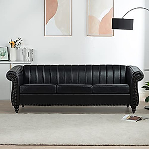 EMKK 84'' PU Leather Chesterfield Sofa Couch, 3-Seater Sofá for Living, Mid-Century Modern with Solid Wooden Frame & Padded Cushions, Apartment, Lounge Room, Black New-1