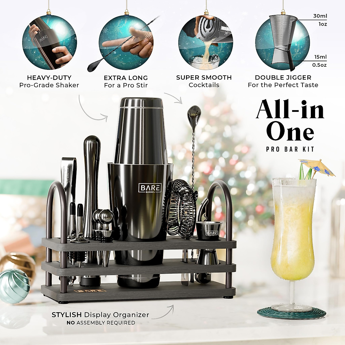 BARE BARREL® Mixology Bartender Kit Bar Set | 14-Piece Cocktail Shaker Set | Martini Barware Mixing Tools for Home Bartending | 35 Recipe Cards | Gift Set (28oz Boston Shaker, Jet Black/Black)