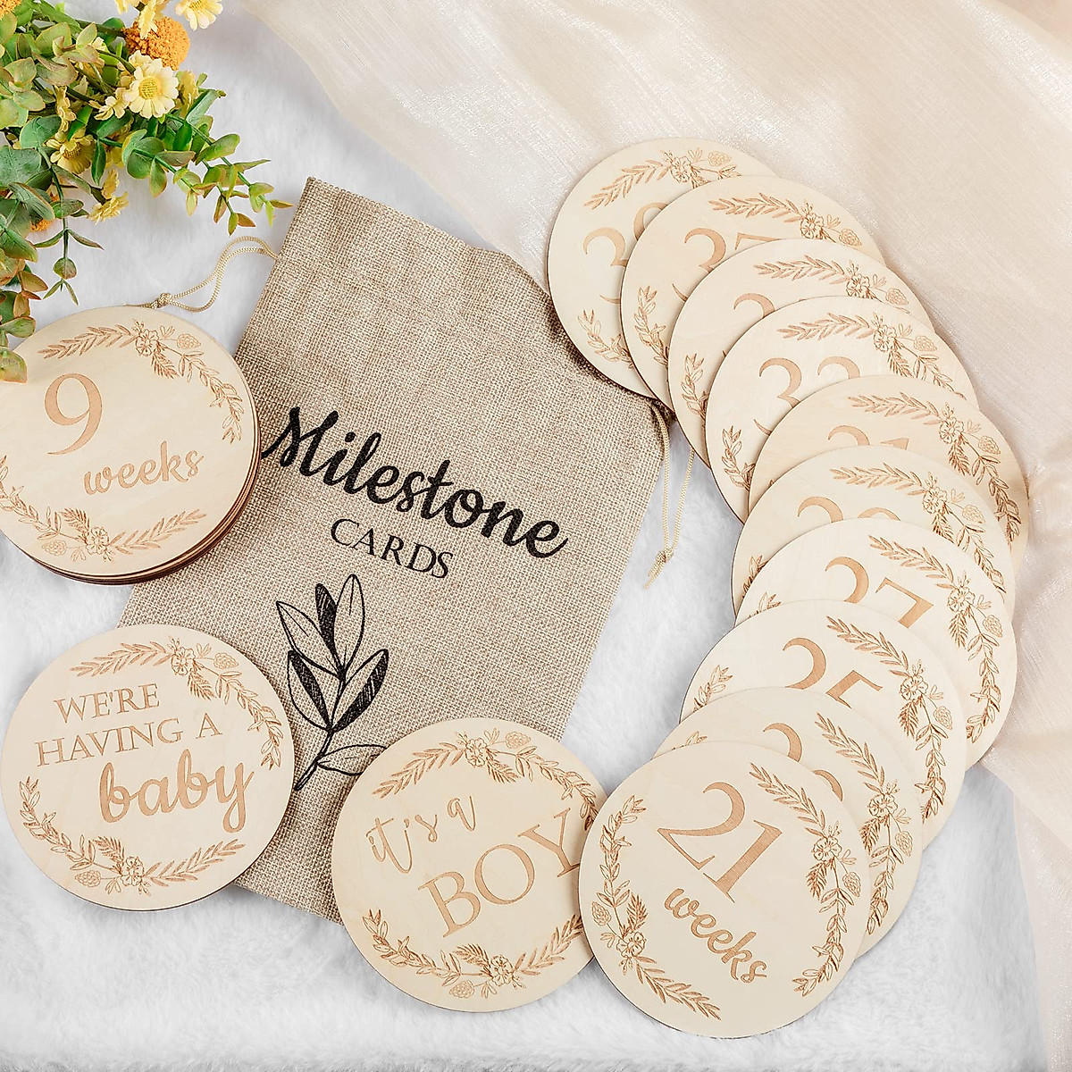 19 Pieces Pregnancy Milestone Signs Weekly Baby Bump Tracker 4.7" Milestone Cards Wooden Milestone Discs Double Sided Pregnancy Weekly Signs Neutral Baby Announcement Cards with Bag for Pregnant Moms