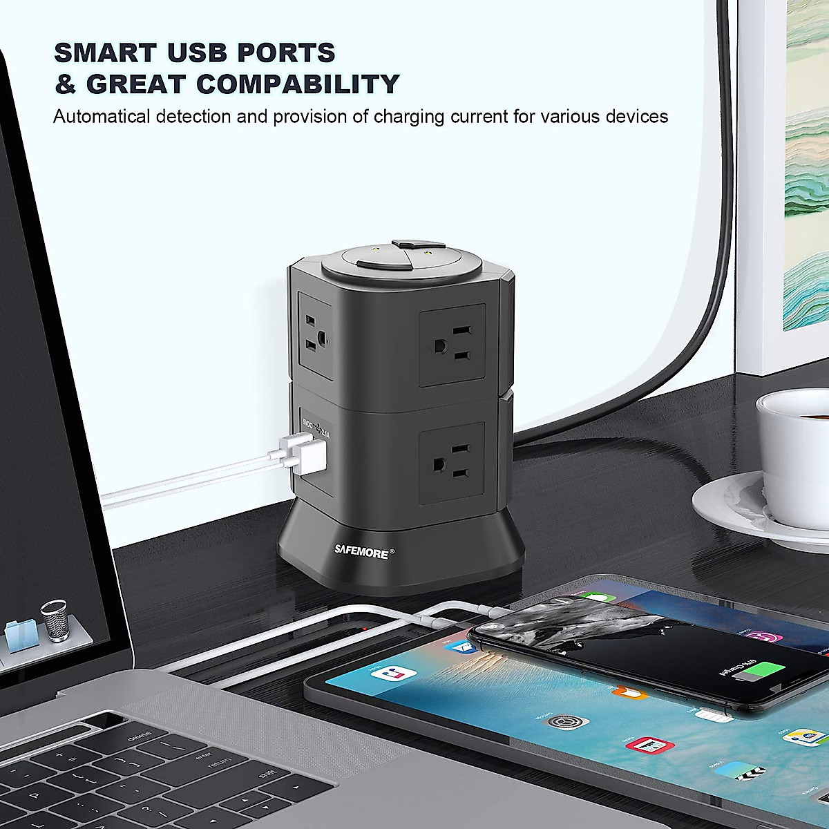 Power Strip Tower Surge Protector,7 AC Outlets with 2 USB Ports,6.5 Ft Extension Cord, Desk Power Outlet for Home Office(Black)