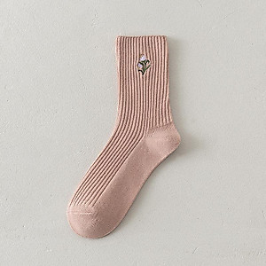 CYee 3 Pairs Kawaii Flower Pattern Pink Socks for Women Pink Embroidered Soft Breathable Socks Stretchy Mid Tube Ankle Sock