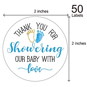 Blue Baby Shower Stickers, Thank You for Showering Our Baby with Love Stickers, Baby Shower Favors for Boys, Thank You Stickers Baby Shower, 2 Inch, Pack of 50.