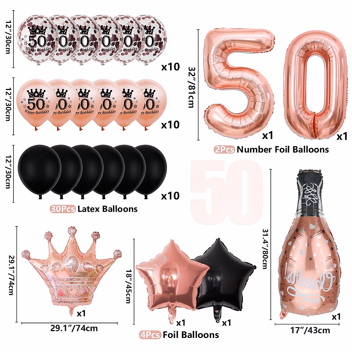 50th Black and Rose Gold Party Decorations - Happy Birthday Banner, Pennant, Birthday Balloons, Fringe Curtains, Tablecloth, Cake Topper, Hanging Swirls 50th Birthday Decorations for Women Princess