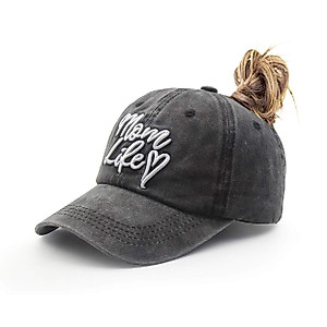 Splash Brothers Customized Mom Life Heart Ponytail Hats for Women, Funny Adjustable Washed Cotton 3D Embroidered Baseball Cap for Mom Mama Grandma