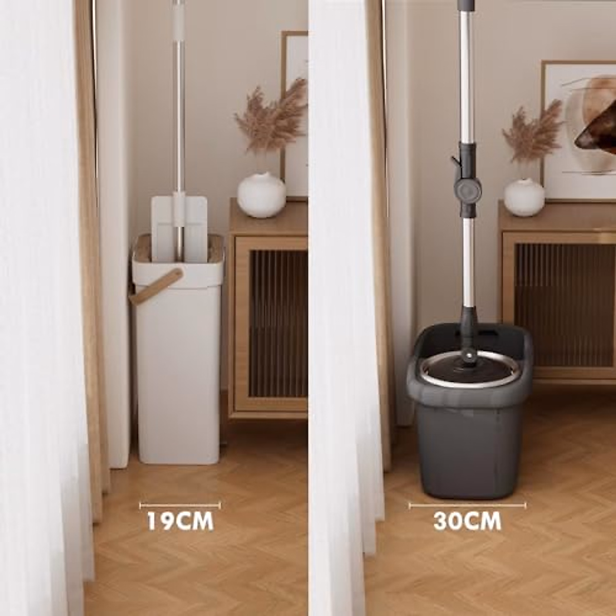 JEOPEM Flat Mop and Bucket with Wringer Set System, Mops for Hardwood Floor Cleaning with 4pcs Washable Microfiber Pads, Wet and Dry Use, Wood Floor Cleaner, Large Mop Head Length 38CM