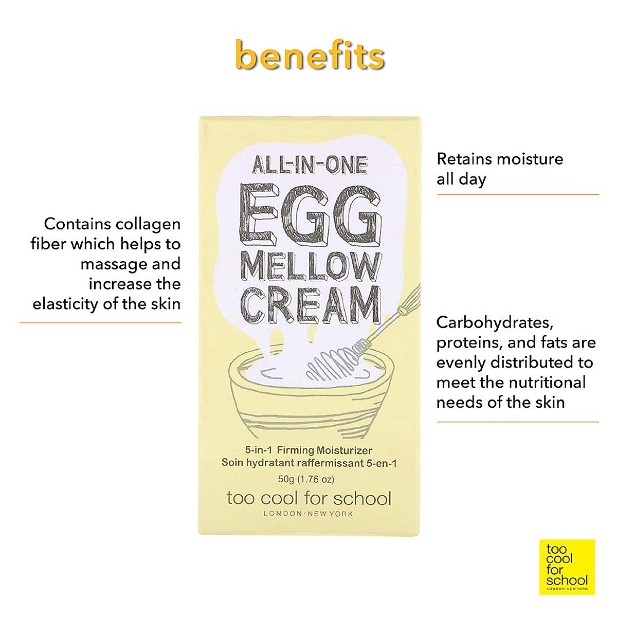 Too Cool For School | All-in-One Egg Mellow Cream 1.76 oz | Anti Aging Face Cream | Anti Wrinkle Firming Moisturizer | 98% Pure Collagen Fiber