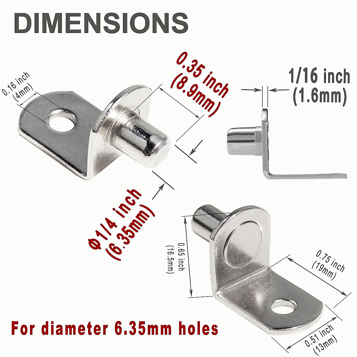 WINKING MOON 1/4 Inch (6.35mm) Shelf Pins L-Shaped Metal Support Pegs Bracket-Style Clips for Bookshelf Kitchen Cabinet Cupboard Shelves Holders, 20 PCS Nickel Plated Silver