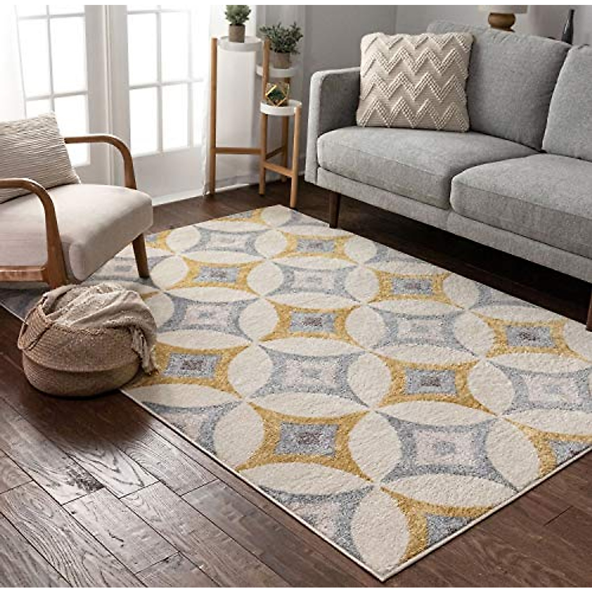 Well Woven Mystic Perla Gold Modern Geometric 5'3" x 7'3" Distressed Area Rug, 5 ft (3 in) x 7 ft (3