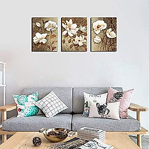 Vintage Wall Art Flowers Bedroom Wall Decor 3 Pieces Canvas Wall Art White Blossom Bathroom Living Room Decoration 12" x 16" x 3 Panels Framed Ready to Hang