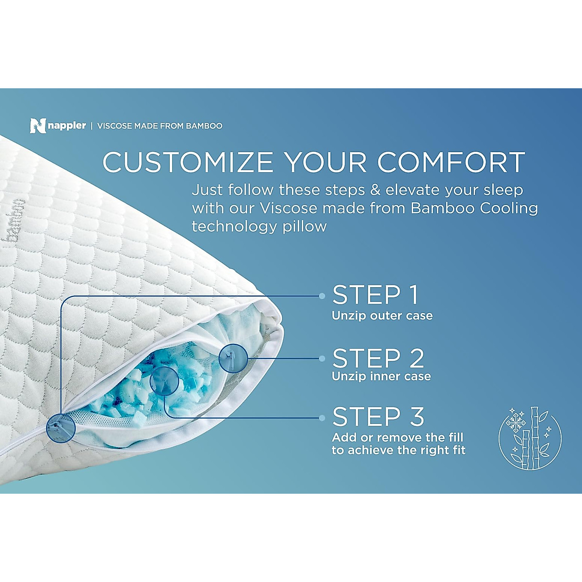 Nappler Cooling Pillow for hot Sleepers - Bed Pillows Queen Size Premium Set of 2 - Adjustable Shredded Memory Foam - Medium to Firm Pillows for Back, Stomach & Side Sleepers -Washable Cover