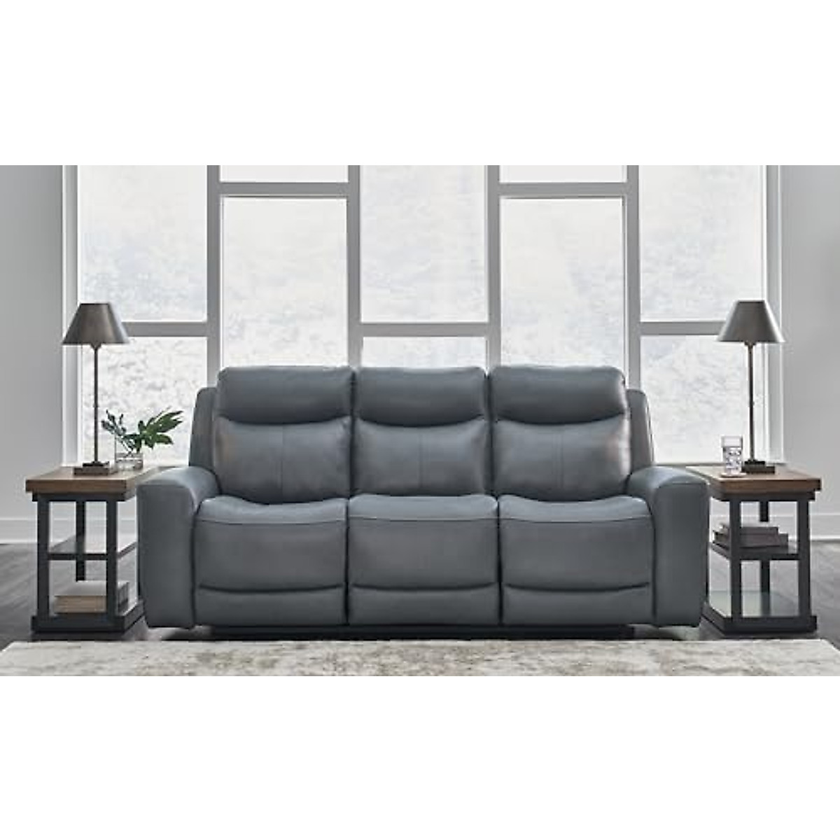 Signature Design by Ashley Mindanao Contemporary Leather Match Upholstered Power Reclining Sofa with Adjustable Headrest and USB Ports, Gray