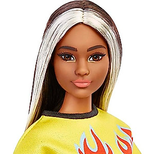 Barbie Fashionistas Doll, Curvy, Long Highlighted Hair & Flame Crop Top, Checkered Skirt, Sneakers & Sunglasses, Toy for Kids 3 to 8 Years Old