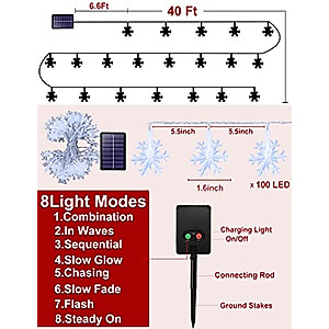 [ Solar Powered & 8 Modes ] 100 LED 39.3 Ft Christmas Lights Decoration Snowflake String Lights Timer Fairy Lights Bedroom Patio Garden Party Xmas Decor Home Indoor Outdoor Christmas Tree (Cool White)