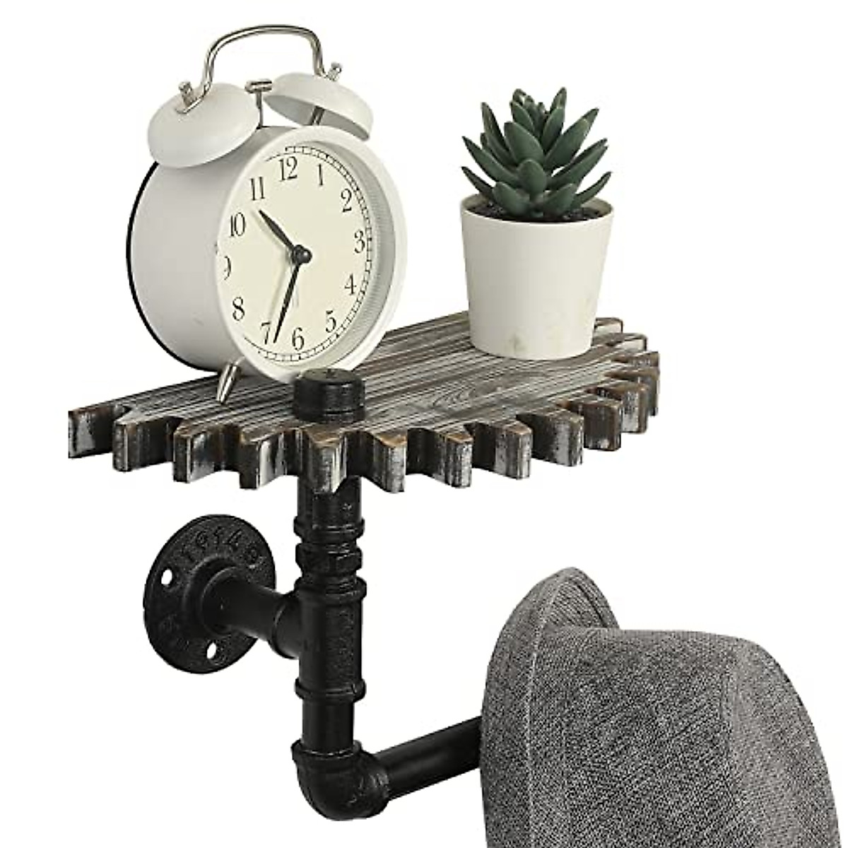 MyGift Wall Mounted Torched Wood Small Floating Shelf with Steampunk Gear Design and Realistic Industrial Metal Pipe Wall Bracket, Hanging Display Shelf Rack