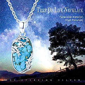 AOVEAO Oval Turquoise Life Of tree Necklace for Women S925 Sterling Silver Family Tree Necklace Lucky Turquoise Jewelry