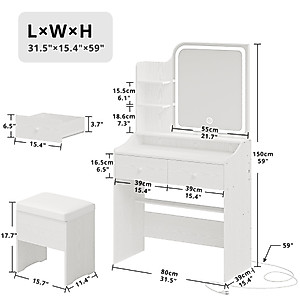 LIKIMIO Makeup Vanity Desk with Mirror and Lights, Vanity Table Set with Storage Drawer, Chair and Three Shelves, White