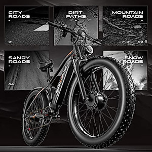 EDIKANI Electric Mountain Bike 26'' Dual Motor 1500W 48V 18A Ebike for Adult, 35mph 32 Mileage Pedal Assist 70 Miles Electric Moped, 35° Uphill Hydraulic Brake Fat Tire E Bicycles for Hilly Terrain