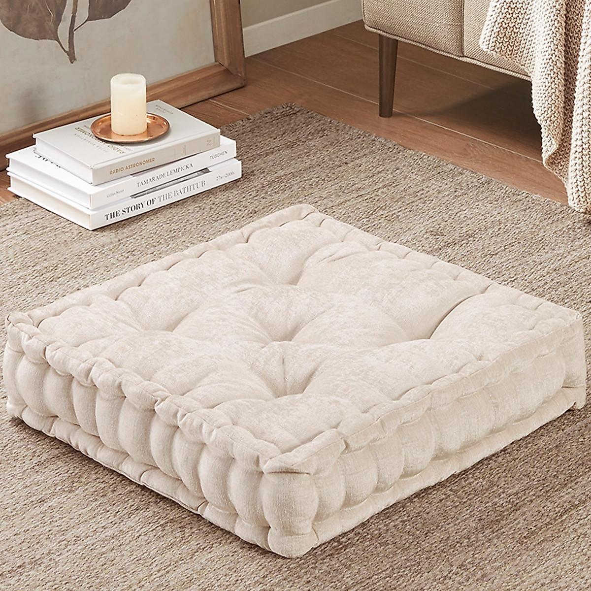 Intelligent Design Azza Floor Pillow, Large Cushions Sitting for Adults, Floor Pillow for Meditation or Yoga, Lustrous Chenille Tufted with Scalloped Edges for Bench/Chair Cushion, 20"x20"x5" Ivory