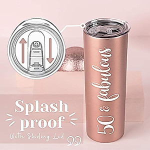 Onebttl 50th Birthday Gifts for Women, Female, Her - 50 and Fabulous - 20oz/590ml Stainless Steel Insulated Tumbler with Straw, Lid, Message Card - (Rose Gold)