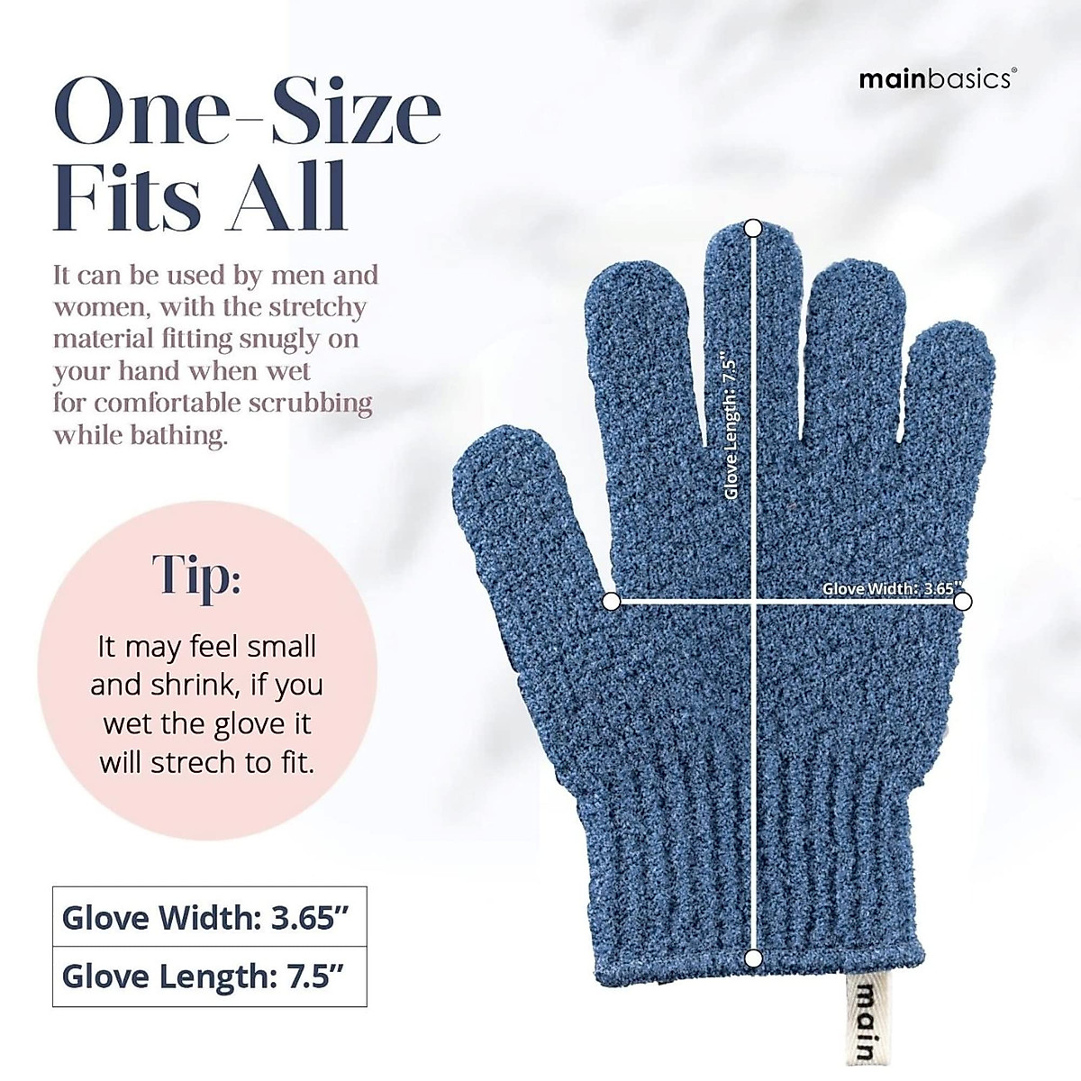 MainBasics Exfoliating Bath Gloves for Shower Heavy-Textured Nylon Fiber Body Exfoliator Scrub Gloves - Hanging Loop, Stretchy Design, Machine Washable (1 Pair, Pigeon Blue)