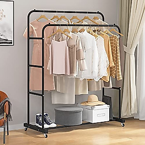 Laiensia Double Rods Clothing Rack with Wheels, Garment Rack for Hanging Clothes, Multi-functional Bedroom Clothes Rack, Black