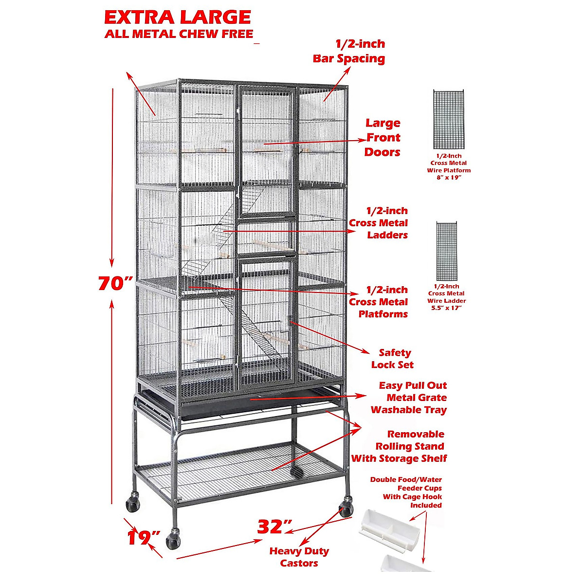Extra Large Wrought Iron 5-Tiers Chew-Proof Ferret Squirrel Chinchilla Sugar Glider Critter Animal Home Metal Cage Easy Clean Pull Out Tray with Removable Rolling Stand