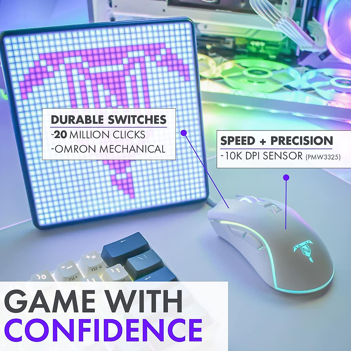 Tilted Nation White Gaming Mouse Wired, LED RGB Mouse for PC Gamers w/Lightweight Paracord Cable USB, 7 Programmable Buttons, Ergonomic Side Grips, 10K DPI, Mechanical Switches - White Mouse