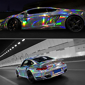 Lypumso Holographic Laser Silver Vinyl Wrap, Chrome Metallic Car Wrap Vinyl Self Adhesive Decal Sticker Air Release Stretchable Glossy Film Vinyl Sheet for Cars Motorcycles Exterior Interior 1ft x 5ft