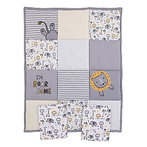 Little Love By Nojo Roarsome Lion, Grey, Yellow, White 3Piece Nursery Mini Crib Bedding Set With Comforter, 2 Fitted Mini Crib Sheets, Yellow, Grey, White, Charcoal