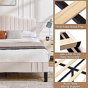VECELO Upholstered Bed Frame Queen Size, Platform Bed Frame with Adjustable Headboard, Sheepskin Fabric Bed with Strong Wood Slats and 7.9'' Under Bed Space, Noise Free No Box Spring Needed, Beige