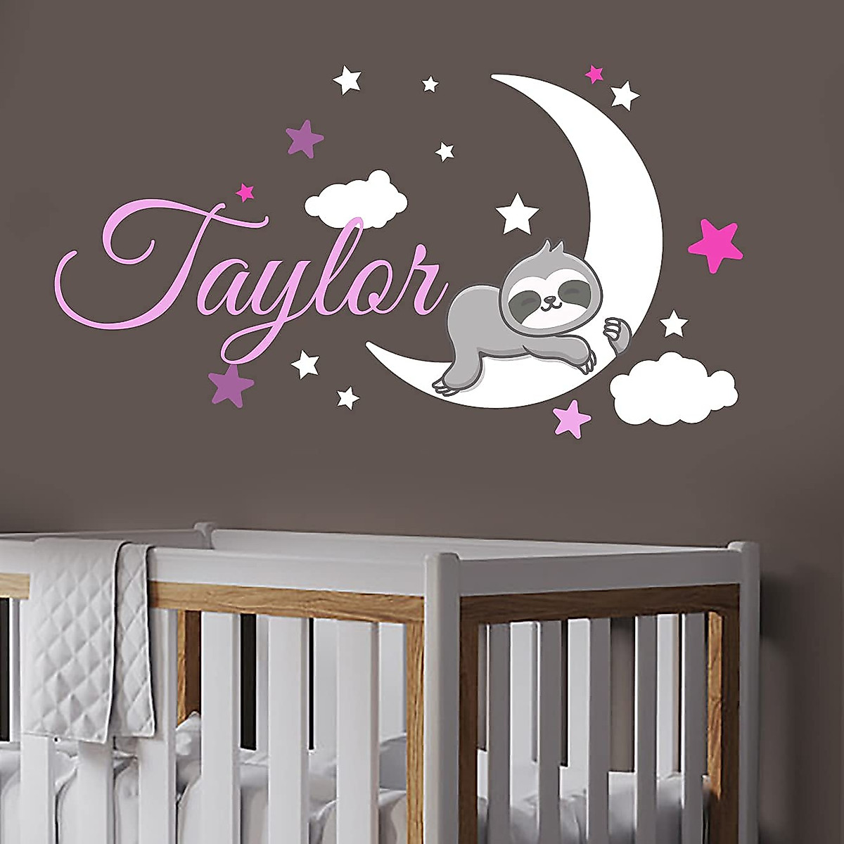 waldo Custom Name Sloth Moon Stars Nursery Wall Decal - WM45. Removable Nursery Wall Decal for Baby Room - Mural Wall Decal for Kids