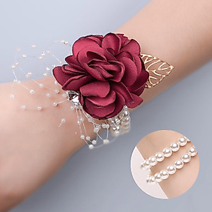 Yerpkefey Wrist Corsage and Boutonniere Set, 2 Wine Red Rose Wrist Corsages for Bridesmaids Flower Girl, Wedding Party for Prom Photo Shoot Bridal