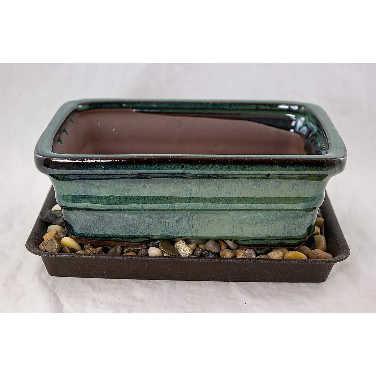 8" Rectangular Green Stain Bonsai/Succulent Pot + Tray + Rock + Mesh Combo