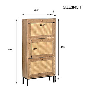 Zenvya Shoe Cabinet 3 Flip Drawer Shoe Cabinet Rattan Shoe Cabinet Organizer Freestanding Shoe Rack Storage Cabinet with Metal Legs for Bedroom,Hallway, Apartment (Natural)