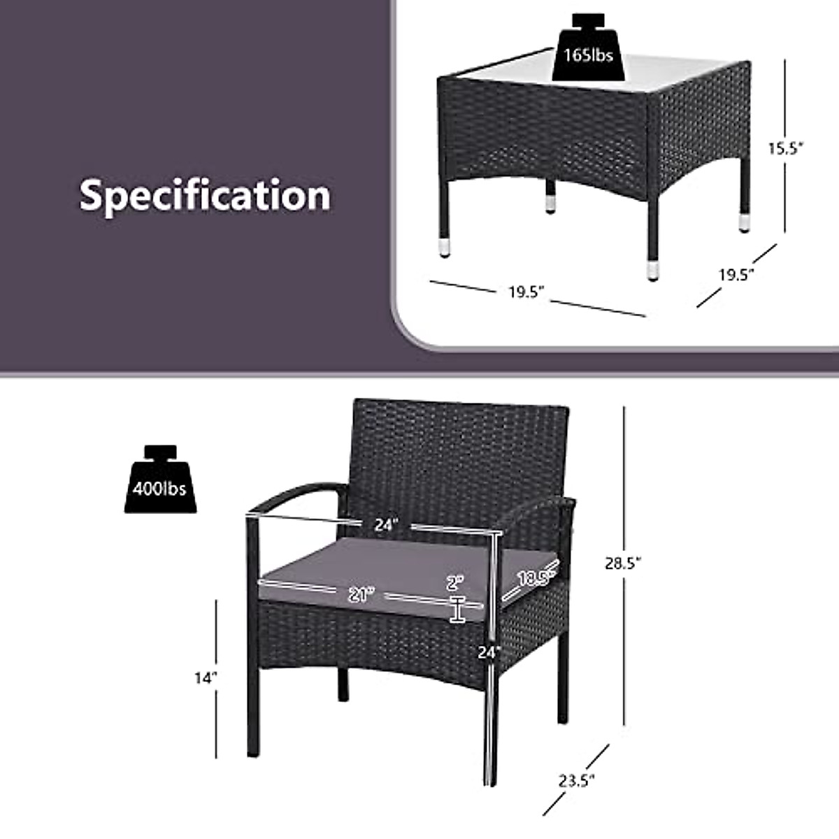 RELAX4LIFE 3-Piece Patio Furniture Set - Rattan Conversation Set, Wicker Bistro Set W/ 2 Chairs, Glass Table, Steel Frame, Outdoor Chairs Set for Backyard, Balcony, Front Porch Furniture(Gray)