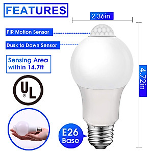 Energetic Motion Sensor Light Bulb, 8.5W (60 Watt Equivalent) E26 Motion Activated Dusk to Dawn Security Light Bulb for Front Door Porch Garage Basement Hallway Closet, 3000K Warm White, 2 Pack