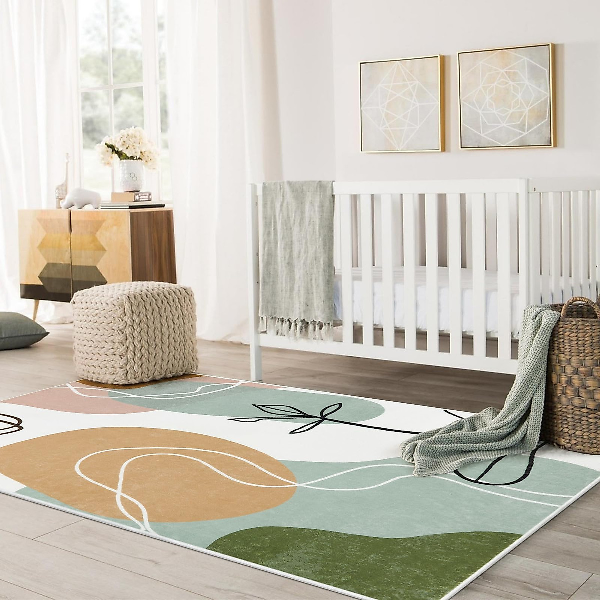 Wonnitar Boho Art Area Rug 4x6, Washable Non-Slip Rug for Living Room, Large Abstract Soft Nursery Throw Mat, Non-Shedding Mid Century Bedroom Carpet for Bathroom Entry Closet (Art-Green,4'x6')