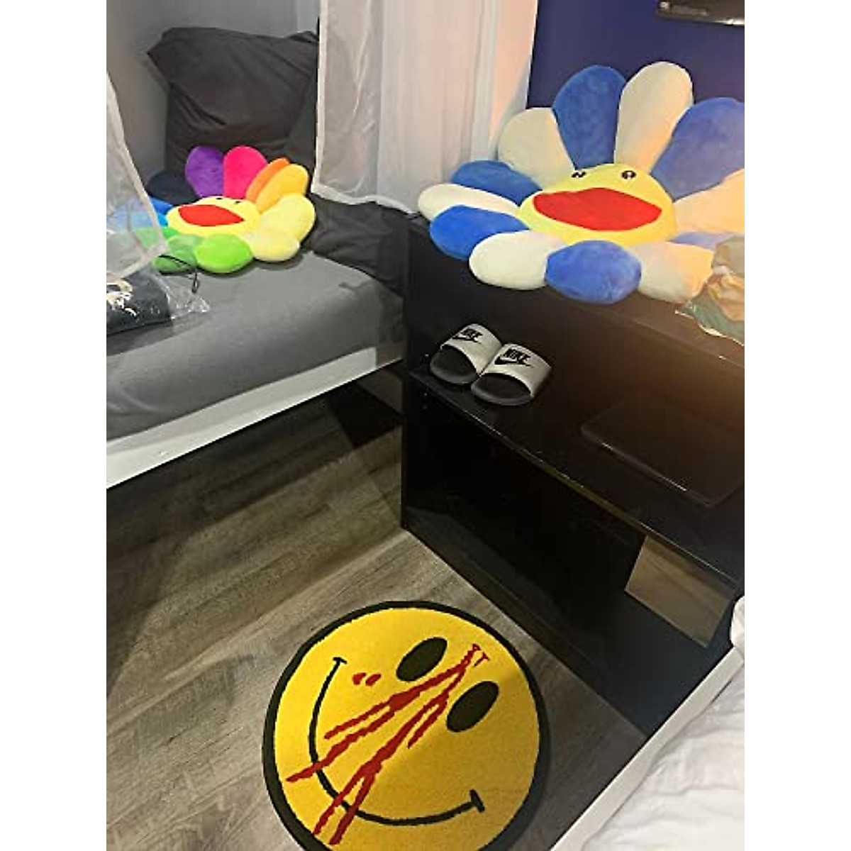 Lotus Atelier 20 in. Smiley Face Rug Fashion | Rugs for Bedroom Teen Room Decor | Hypebeast Rug Smiley Face Bullet Hole | Bathroom Rugs | Aesthetic Home Decor