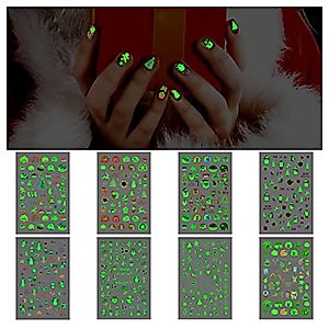 Cerlaza 450+pcs Luminous Christmas Nail Stickers for Kids Girls Christmas Stocking Stuffers, Self-Adhesive Glow Christmas Nail Decals, Holiday Nail Stickers with Santa Claus, Christmas trees, Gingerbread men-8 Sheets