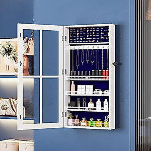 FREDEES Jewelry Holder Organizer for Earrings Ring Necklace Bracelets, 4-Tier Wooden Jewelry Cosmetic Storage and Display Case, Lockable Hanging Wall Jewelry Armoire Box Cabinet Tray, White