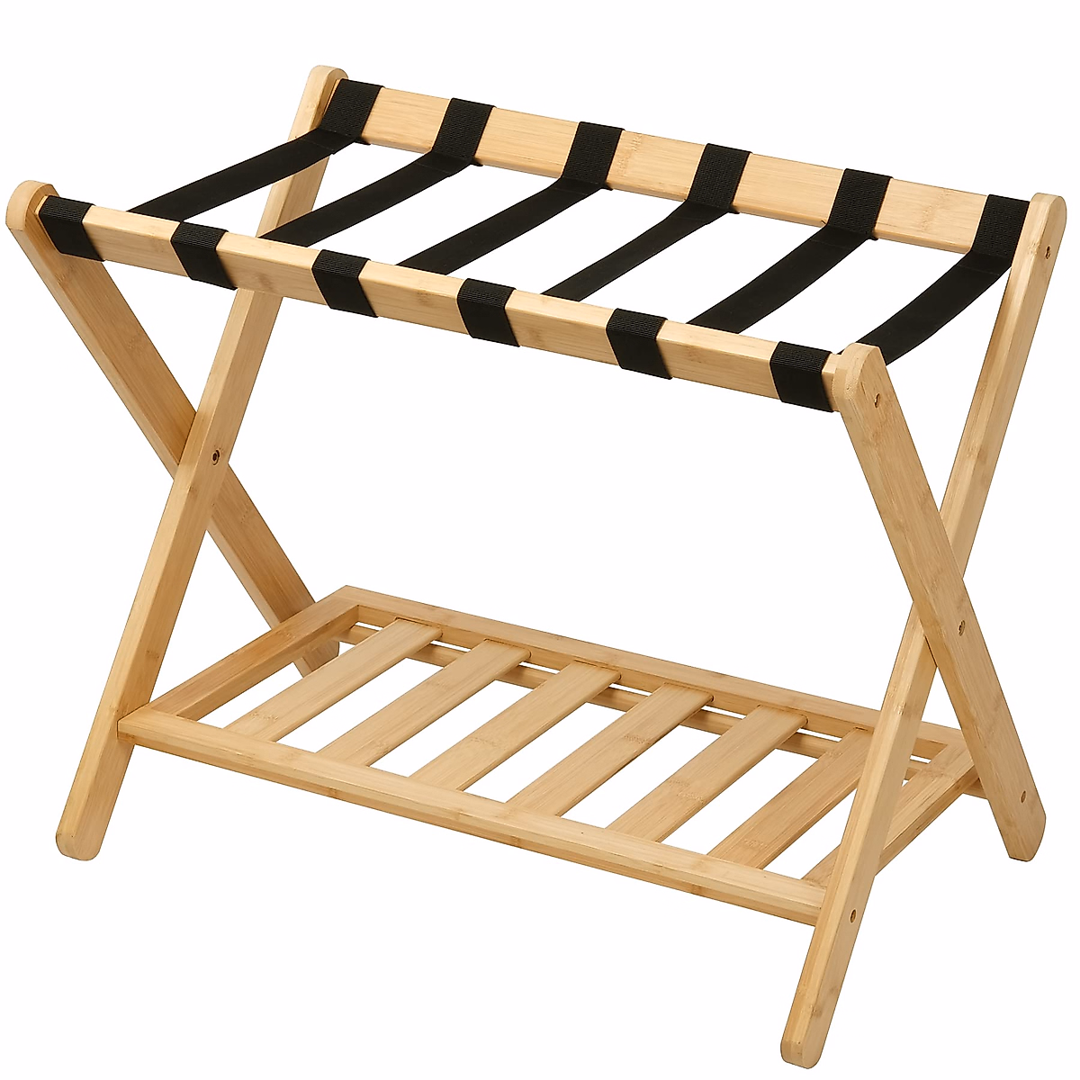 BAIDE PACK Wood Luggage Rack Stand for Guest Room, Folding Suitcase Holder Stand with 6 Support Straps for Home Bedroom Travel, Bamboo