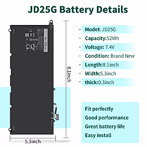 DMKAOLLK XPS 13 9350 9343 JD25G 90V7W Battery for Dell XPS13 XPS 13 9343 9350 P54G JHXPY JHXPY53 5K9CP 05K9CP 090V7W XPS13D-9343-1708 13D-9343-3708 13-9350-D1508G 13-9350-350 13-9350-D1608 13-9350
