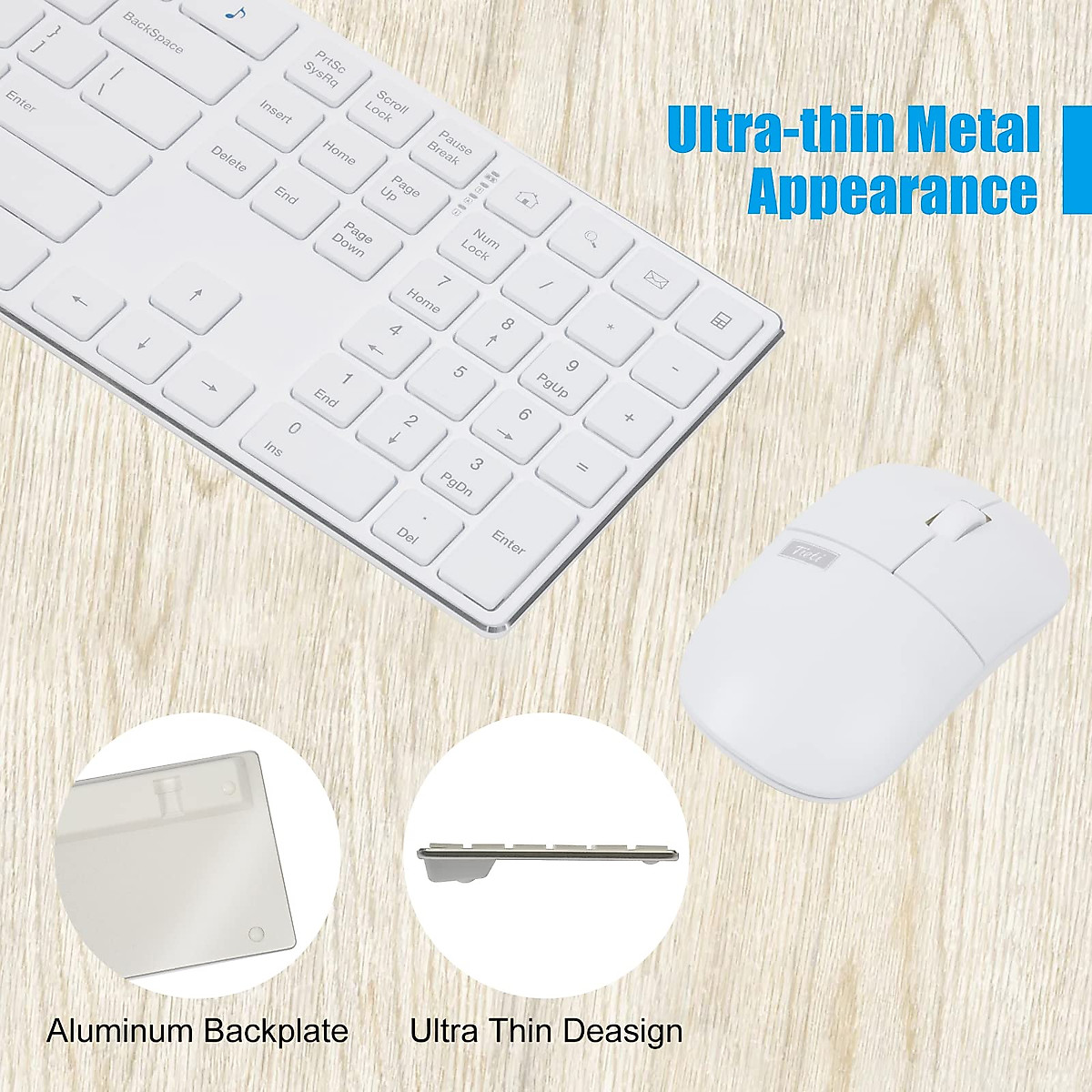 Wireless Keyboard and Mouse Combo, KM01R 2.4G Wireless Rechargeable Keyboard, 4 DPI Adjustable Cordless USB Keyboard and Mouse Set for Computer,Laptop,Windows,Mac (White)