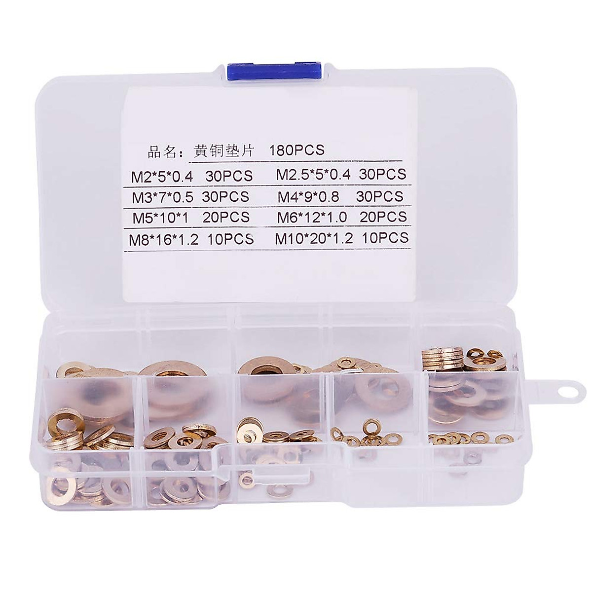 180Pcs Brass Flat Washer Assortment Set with Box M2/M2.5/M3/M4/M5/M6/M8/M10 Metal Washers