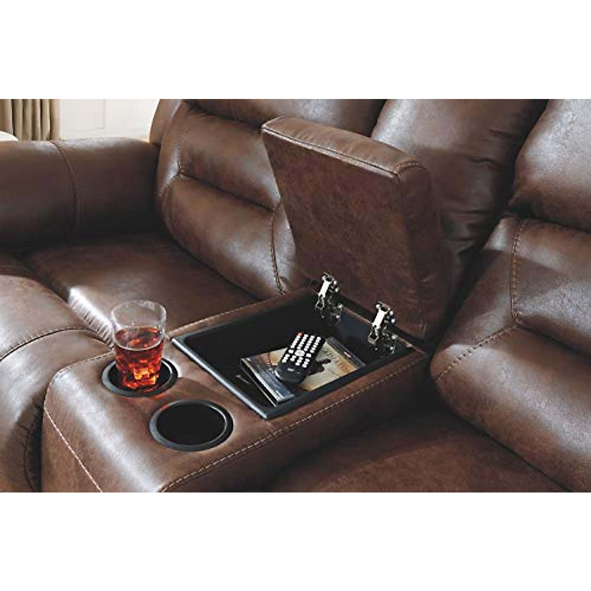 Signature Design by Ashley Stoneland Faux Leather Manual Double Reclining Loveseat with Center Console, Dark Brown