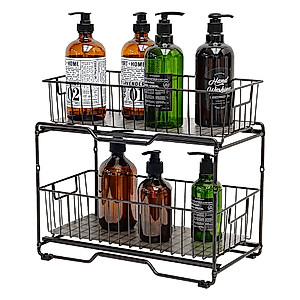 CAXXA 2 Tier Sliding Cabinet Basket Organizer, Bathroom Pull-Out Drawer Organizer, Space Saving with Handles (Medium, BRONZE)