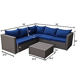 Outdoor Patio Furniture Set with Ottoman Square Coffee Table 4 Piece Patio Sectional Sofa Couch, Modern Brown Rattan Wicker with Seat Cushions - Navy Blue - Oliver & Smith - Sunny