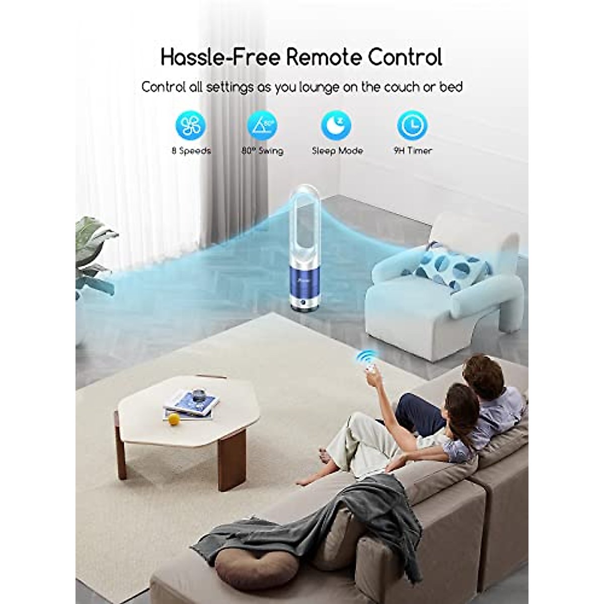 ZICOOLER Bladeless Fan, 22" Tower Fan with Remote, 8 Speeds, 9H Timer, 80°Swing, Oscillating Fans for Home, 35dB Quiet DC Standing Floor Fan for Bedroom