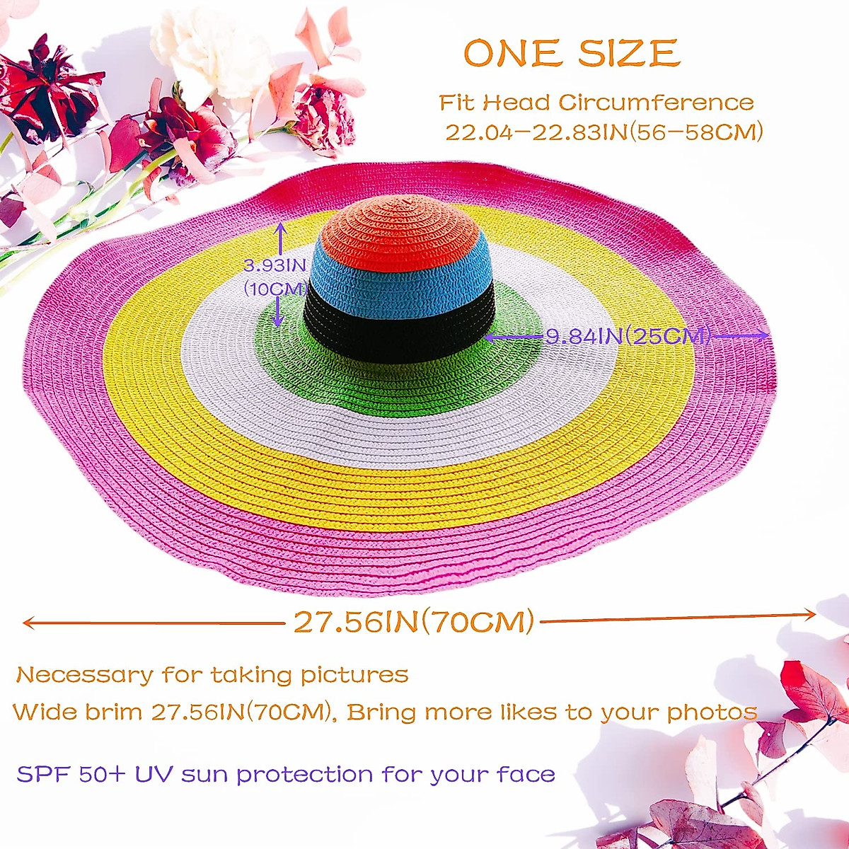 Oversized Beach Hat Women, Summer Vacation Extra Large Wide Brim Packable Floppy Big Sun Straw Hats for Women Foldable, Colorful